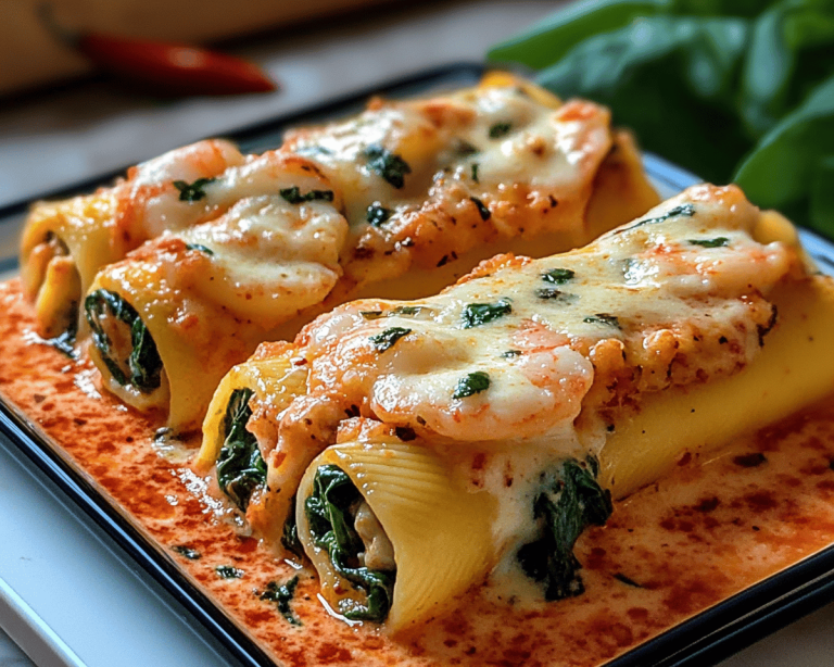 Shrimp & Spinach Stuffed Pasta Rolls with Roasted Red Pepper Cream ...