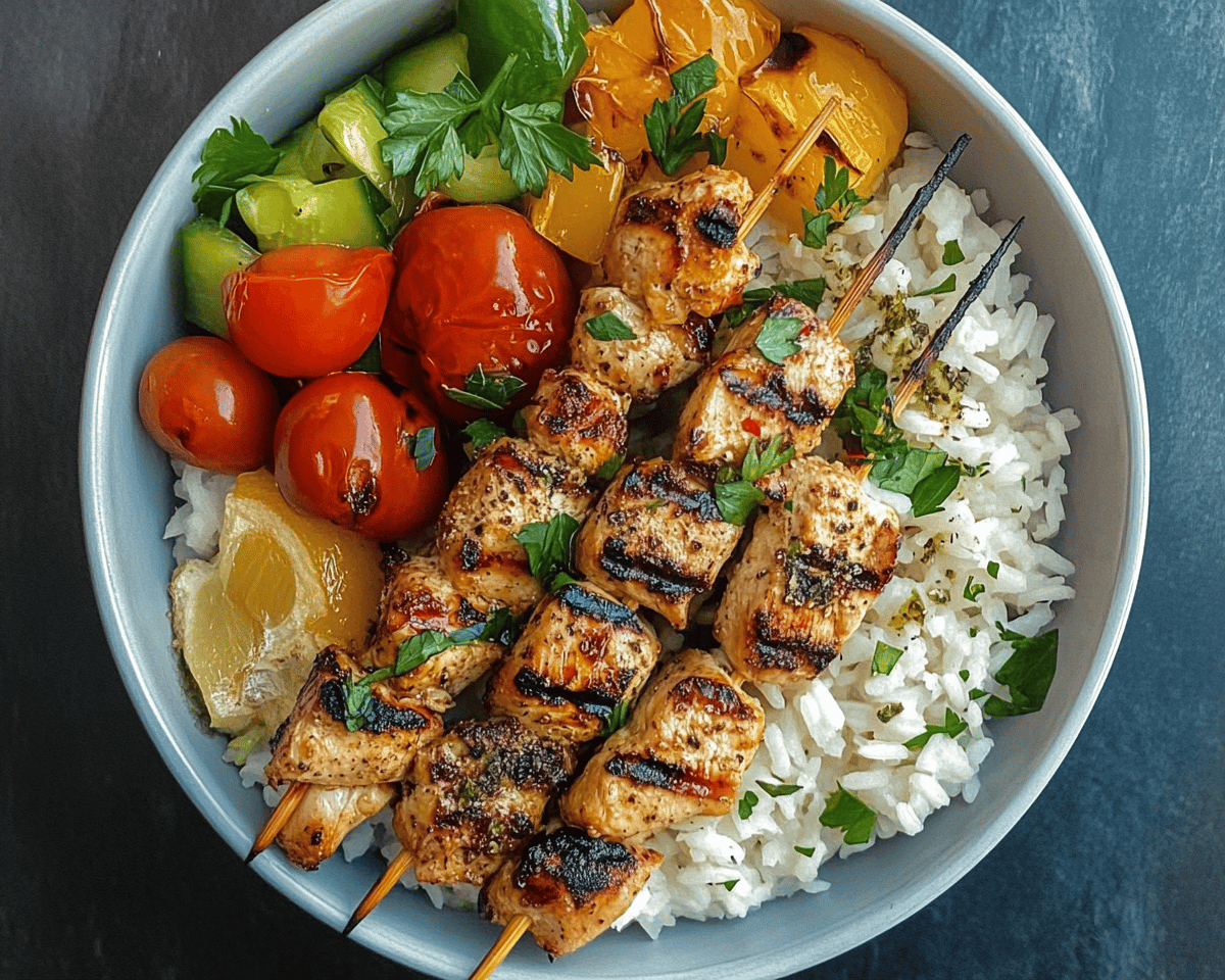 Mediterranean Rice Bowl with Grilled Chicken Tawook Skewers – Yummy Bric