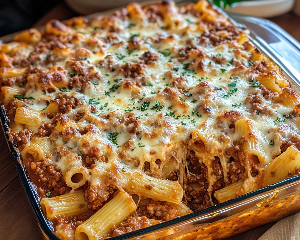Easy Baked Mostaccioli Pasta with Meat Sauce and Cheese – Yummy Bric